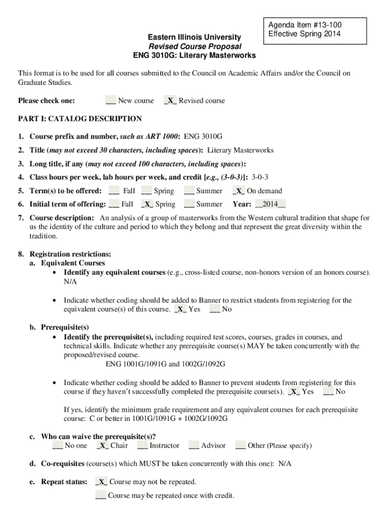 Fillable Online Eastern Illinois University Revised Course Proposal ENG 3010G ... Fax Email ...