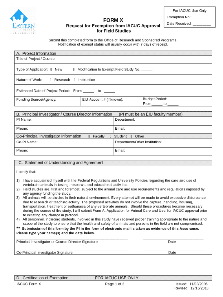 Request for Exemption from IACUC Approval Doc Template | pdfFiller