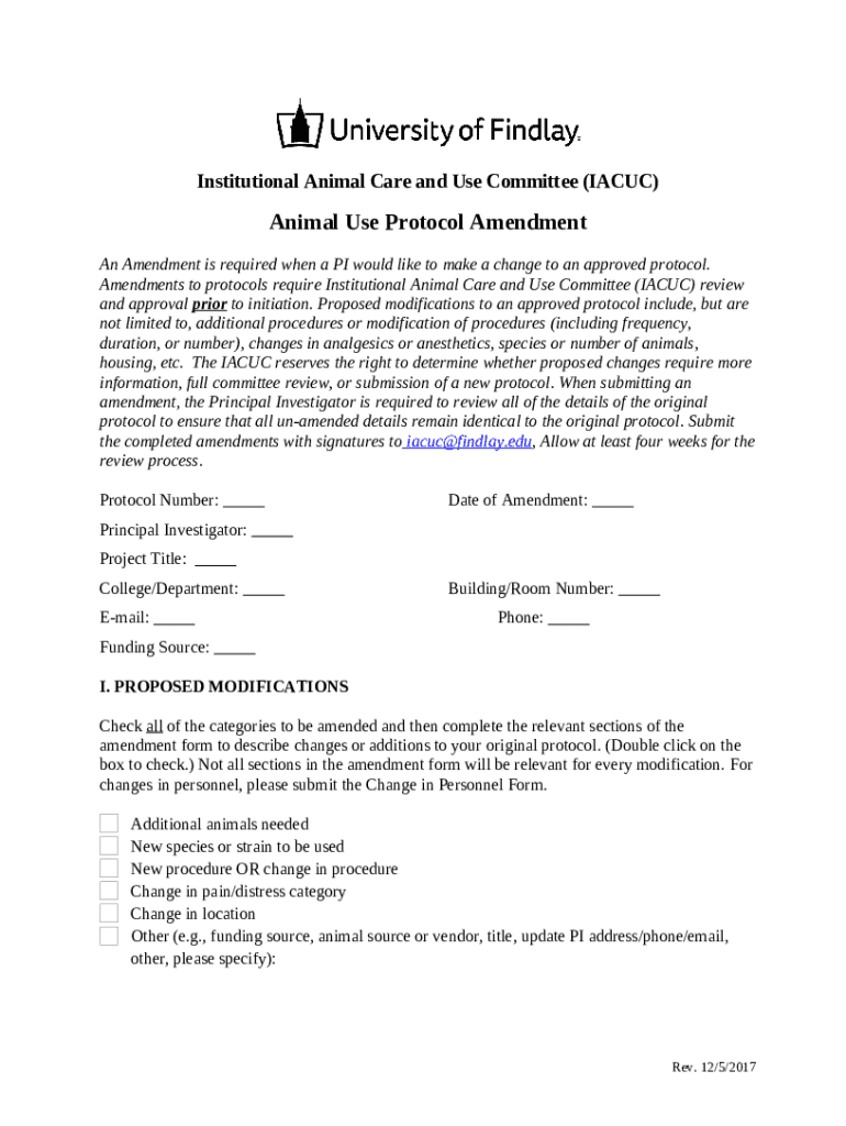 Animal Use Protocol Amendment Doc Template | pdfFiller