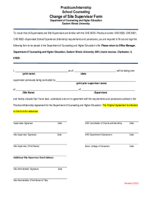 Fillable Online Change of Site Supervisor Form - Eastern Illinois ...