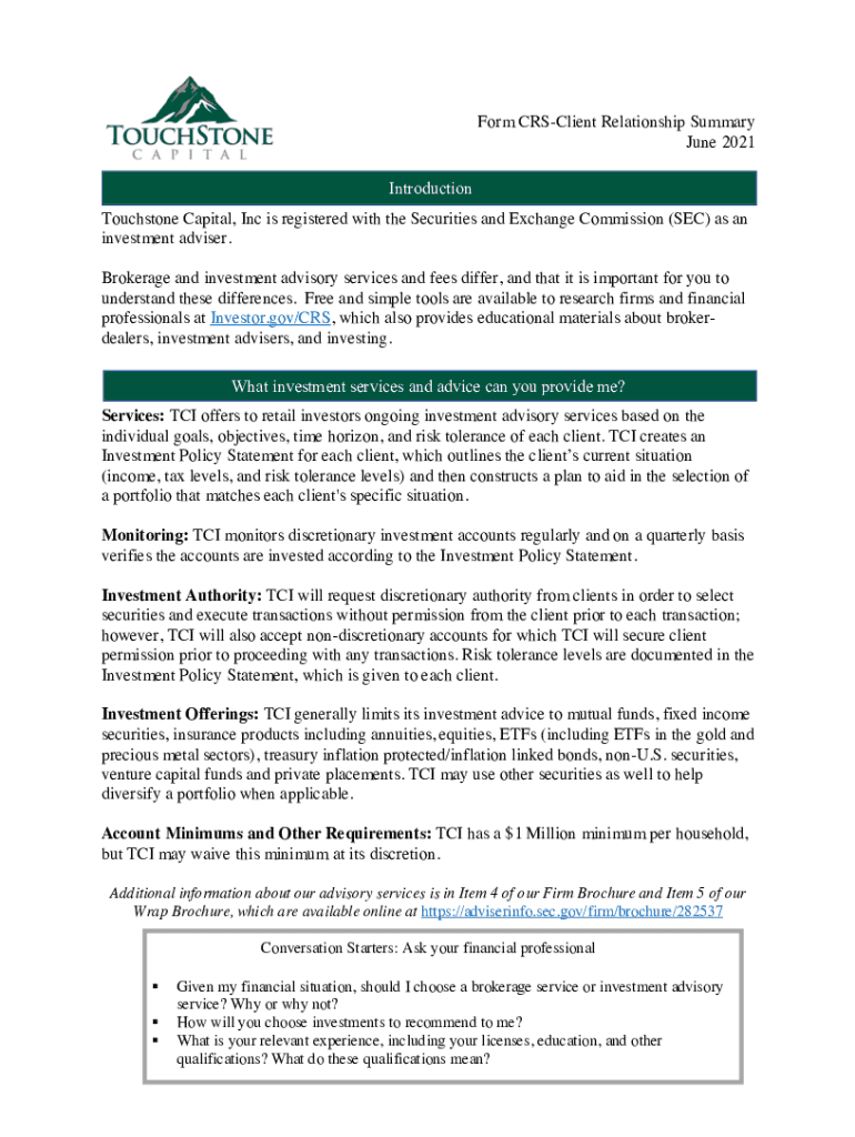 Fillable Online 2020 Form CRS Touchstone Capital Fax Email Print ...