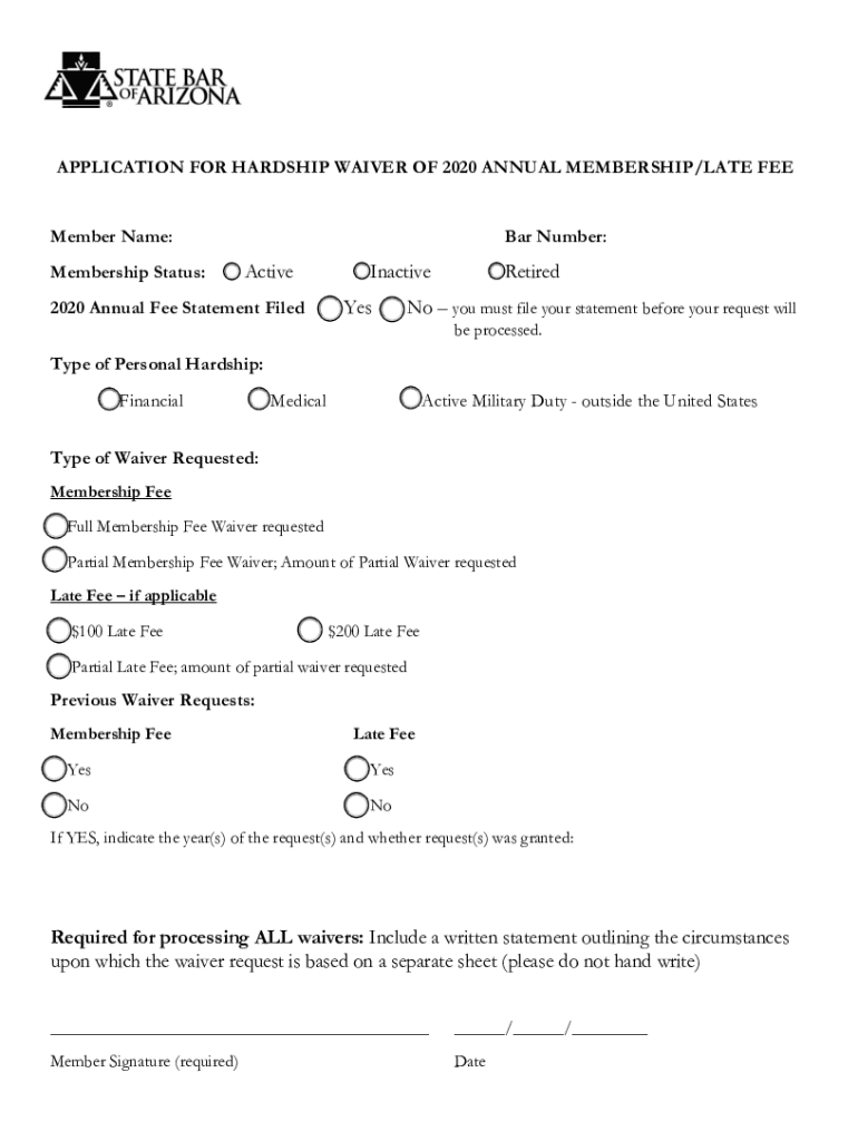 Fillable Online 2020 Hardship Waiver of Annual Member Fee Fillable PDF ...