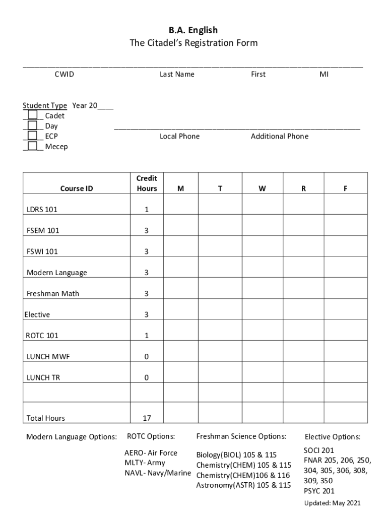 Fillable Online B.A. English The Citadel's Registration Form Fax Email ...