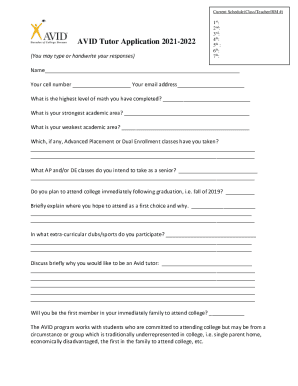 Fillable Online PDF 2021 2022 AVID Tutor Application Fax Email Print ...