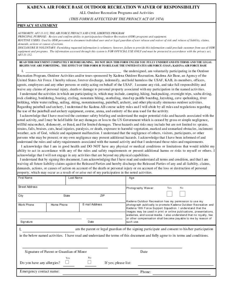 Fillable Online KADENA AIR FORCE BASE OUTDOOR RECREATION WAIVER OF ...