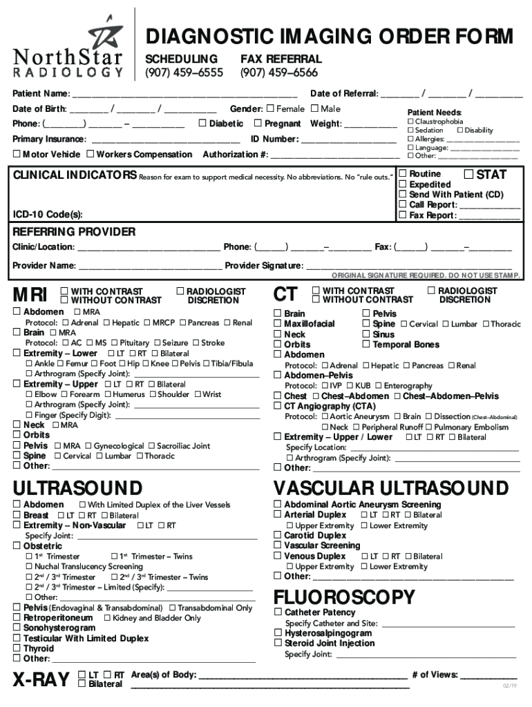 Fillable Online DIAGNOSTIC IMAGING ORDER FORM - North Star Radiology ...