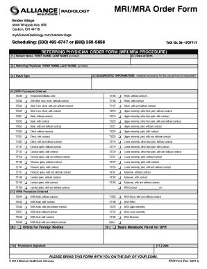 Fillable Online MRI/MRA Order Form - Alliance Healthcare Radiology Fax ...