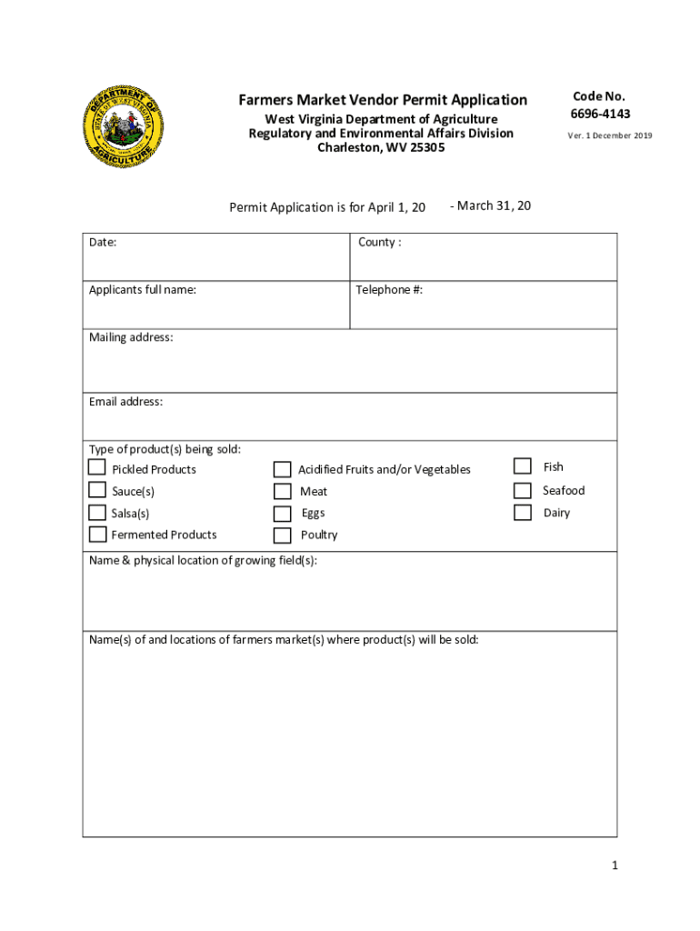 Fillable Online Farmers Market Vendor Permit Application Form ...