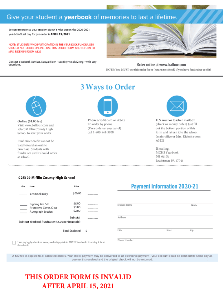Fillable Online Governor Mifflin Intermediate School YEARBOOK ORDER ...