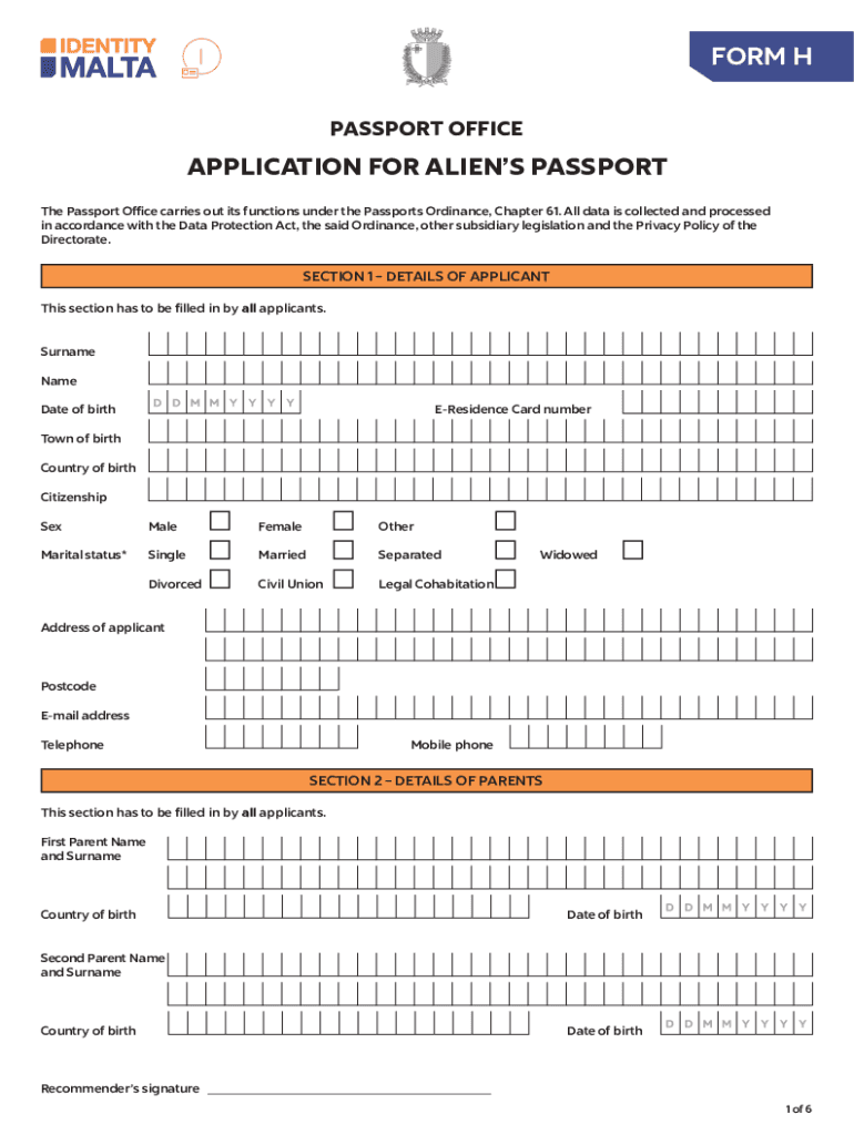 Fillable Online APPLICATION FOR ALIENS PASSPORT - Identity Malta Fax ...