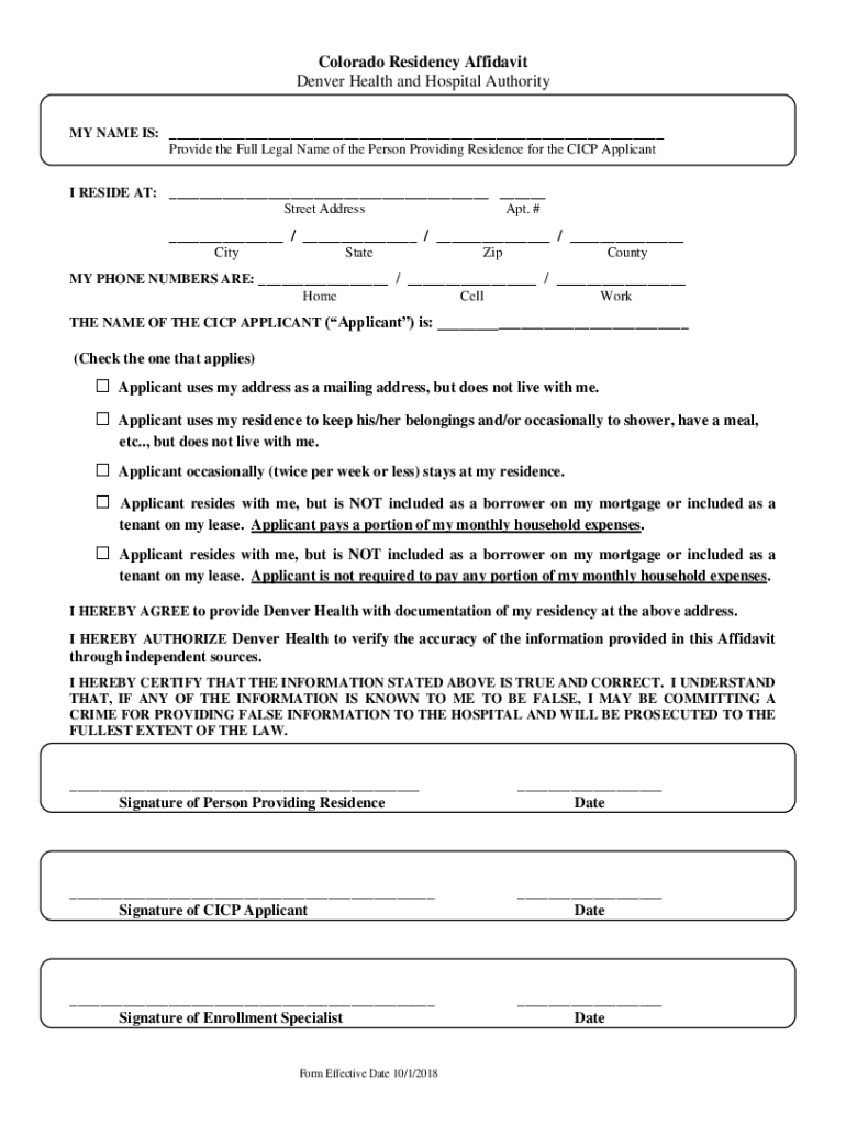 Fillable Online Colorado Residency Affidavit Denver Health and Hospital ...