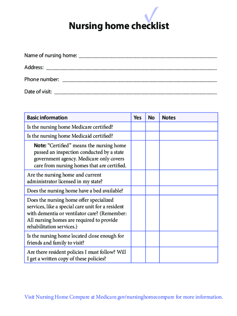 Fillable Online Nursing Home CheckList - Nursing home checklist Name of ...