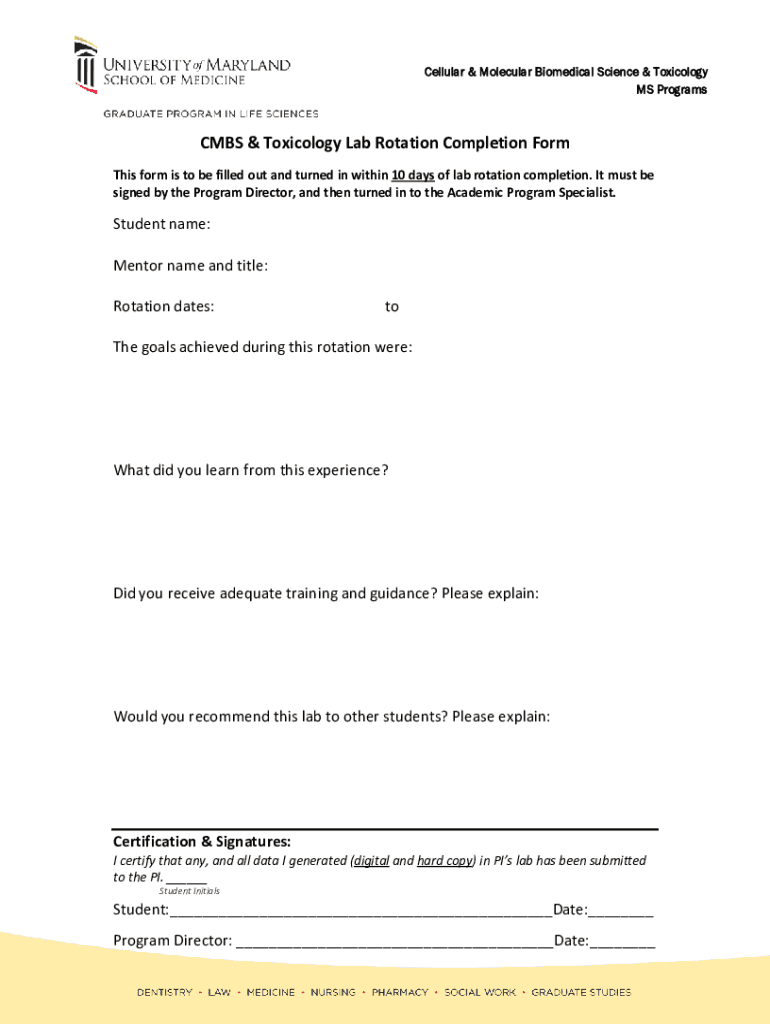 Fillable Online lifesciences umaryland CMBS & Toxicology Lab Rotation ...
