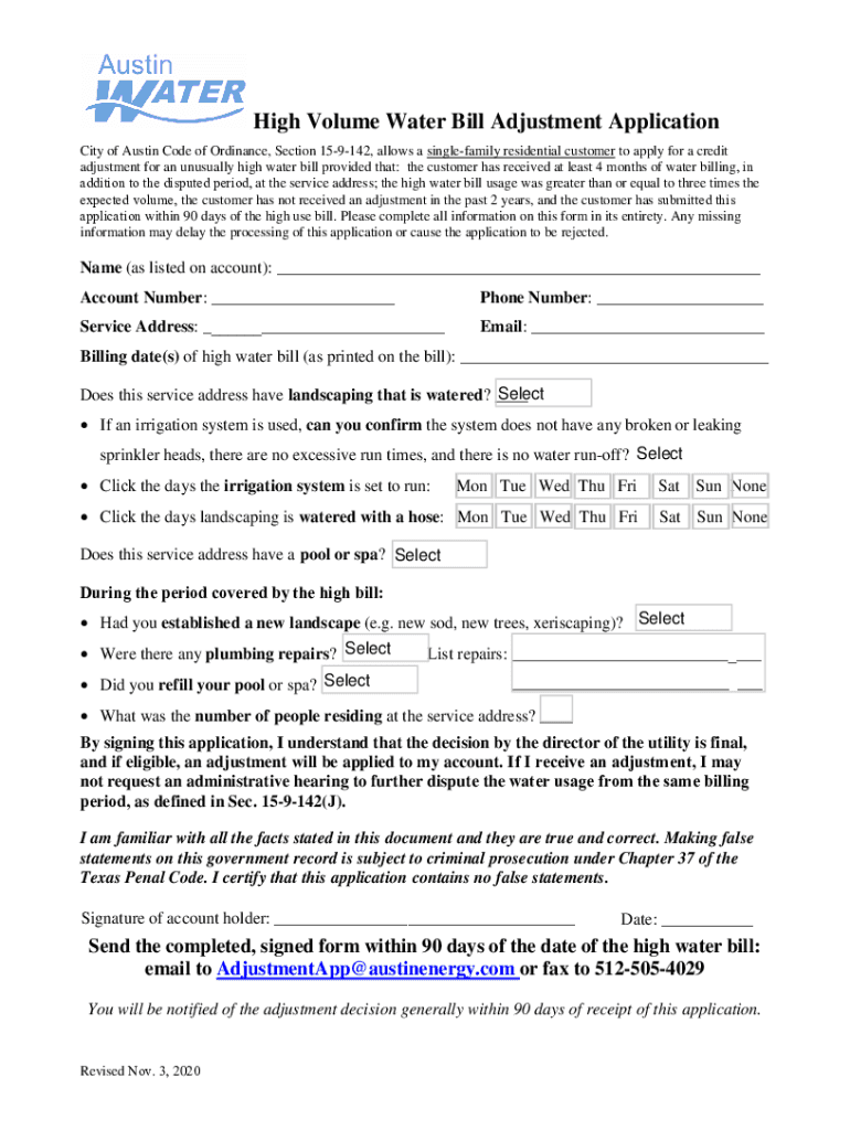 Fillable Online High Volume Water Bill Adjustment Application - Austin ...