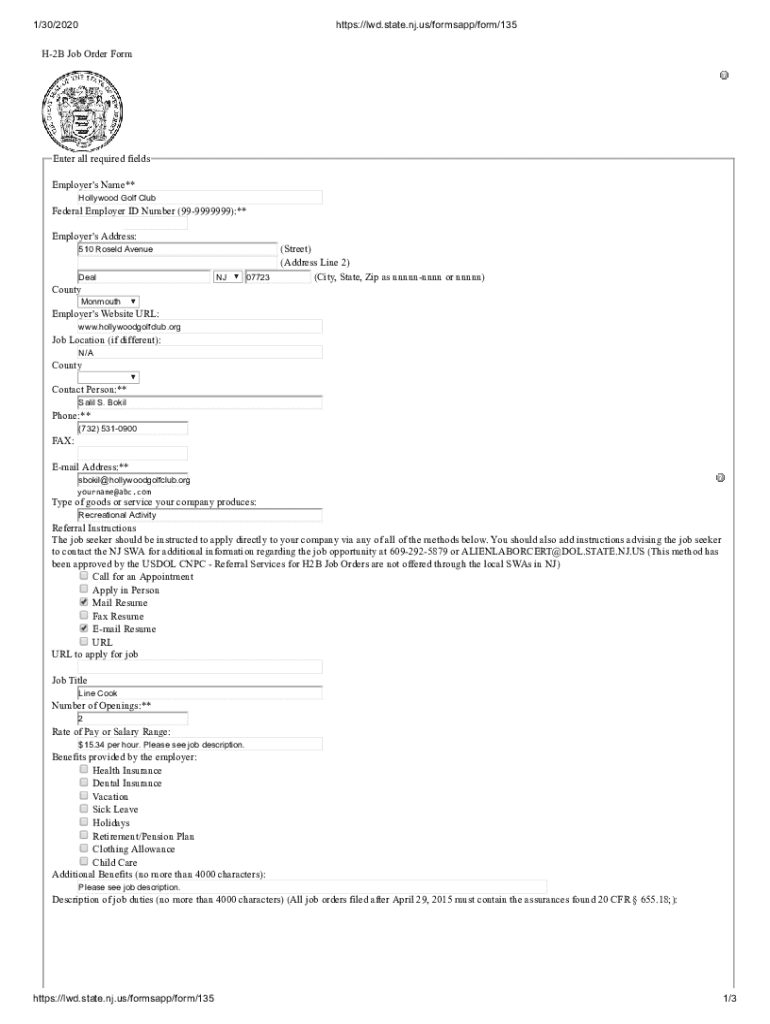Fillable Online H-2B Job Order Form Enter all required fields Employer ...