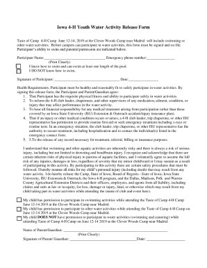 Fillable Online Iowa 4-H Youth Water Activity Release Form Fax Email ...