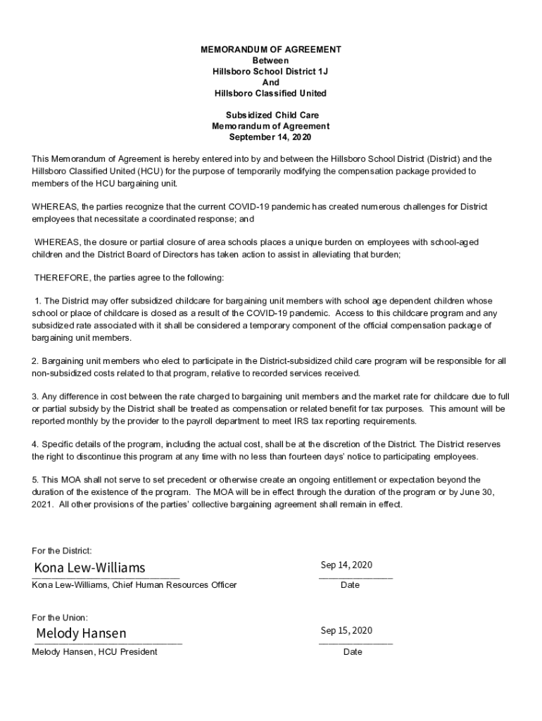 Fillable Online Classified Management Agreement - Hillsboro School ...