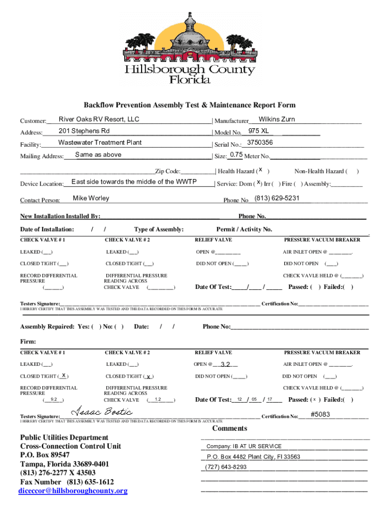 Fillable Online Backflow Prevention Assembly Test & Maintenance Report ...