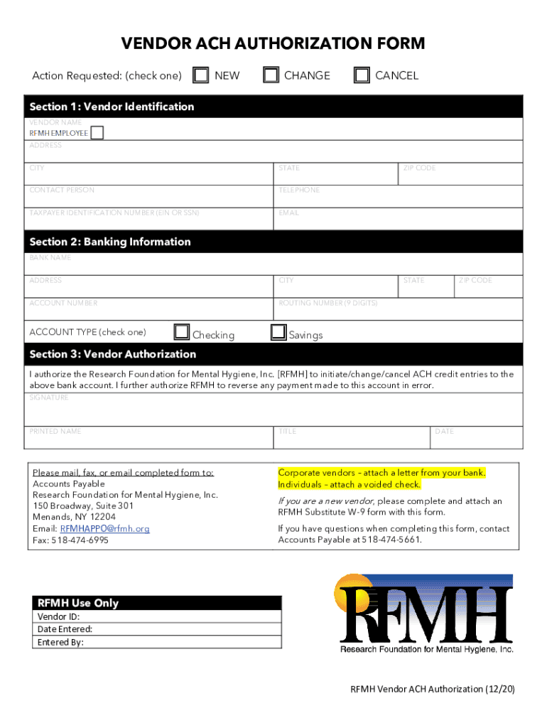Fillable Online corporate rfmh STATE OF VERMONT VENDOR ACH ...