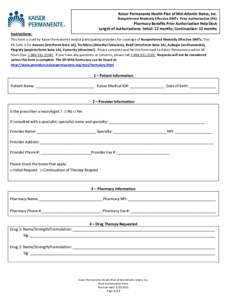 Fillable Online providers kaiserpermanente Get the free Prior Authorization (PA) Form for ...