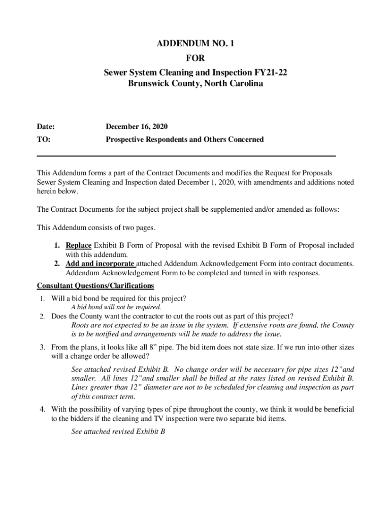 Fillable Online ADDENDUM NO. 1 FOR Sewer System Cleaning and Inspection ...