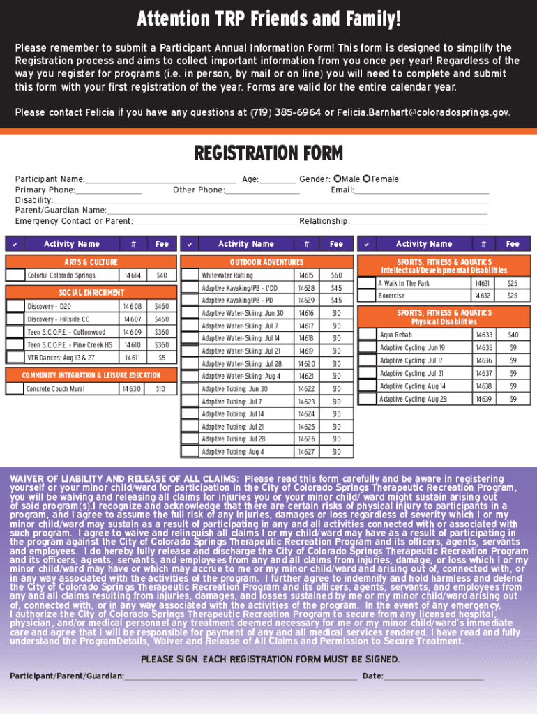 Fillable Online Attention TRP Friends and Family! REGISTRATION FORM Fax ...