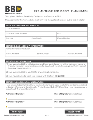 Fillable Online Pre-Authorized Debit Plan (PAD) Form - Benefits by ...