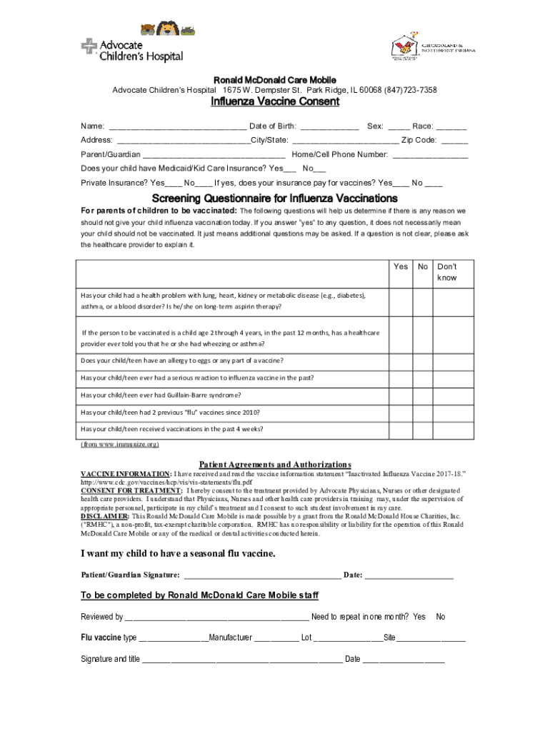 Fillable Online Influenza Vaccine Consent Screening Questionnaire for ...