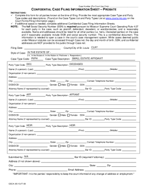 Fillable Online CONFIDENTIAL CASE FILING INFORMATION SHEET PROBATE Fax ...