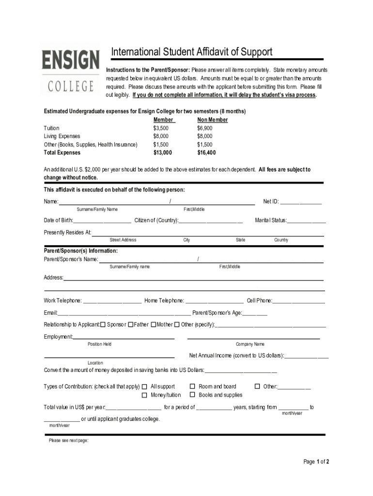 Fillable Online International Student Affidavit Of Support Form ...