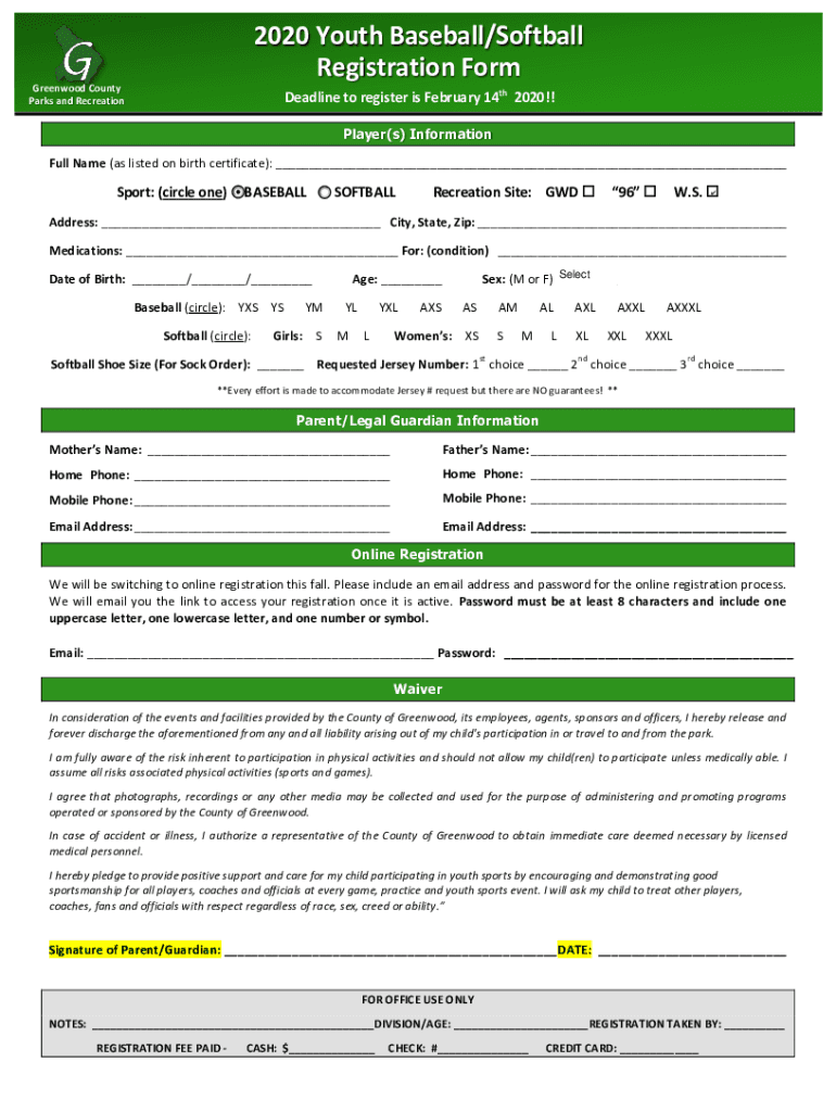 Fillable Online 2020 Youth Baseball/Softball Registration Form Fax ...