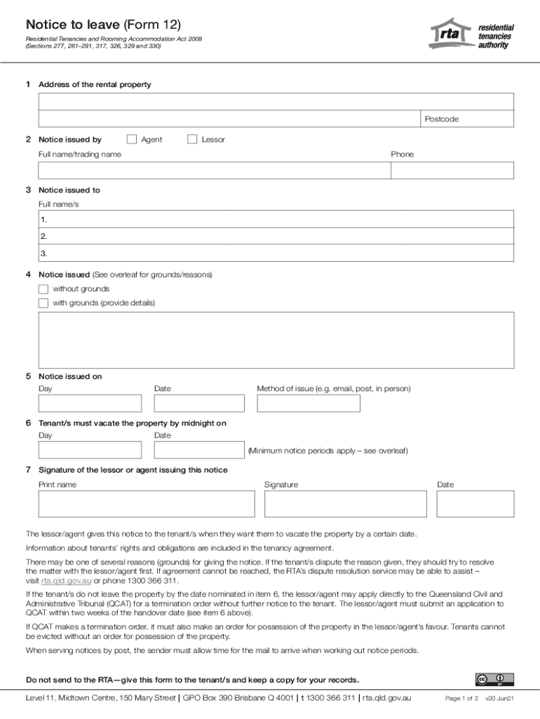 Fillable Online Notice of intention to leave (Form R13)Residential ...Notice to leave (Form 12 ...