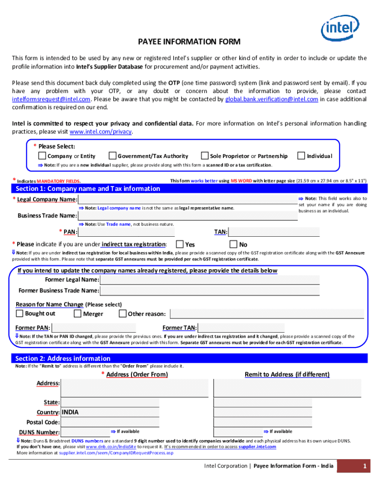 Fillable Online PAYEE INFORMATION FORM - Intel Fax Email Print - pdfFiller