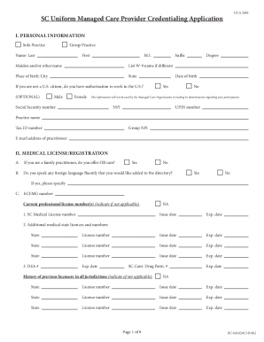 Fillable Online SC Uniform Managed Care Provider Credentialing ...