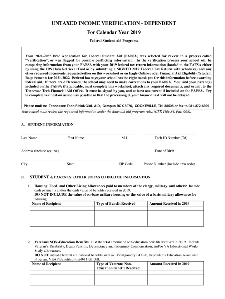 Fillable Online 19-20 Dependent Student Verification of Other Untaxed Income Fax Email Print ...