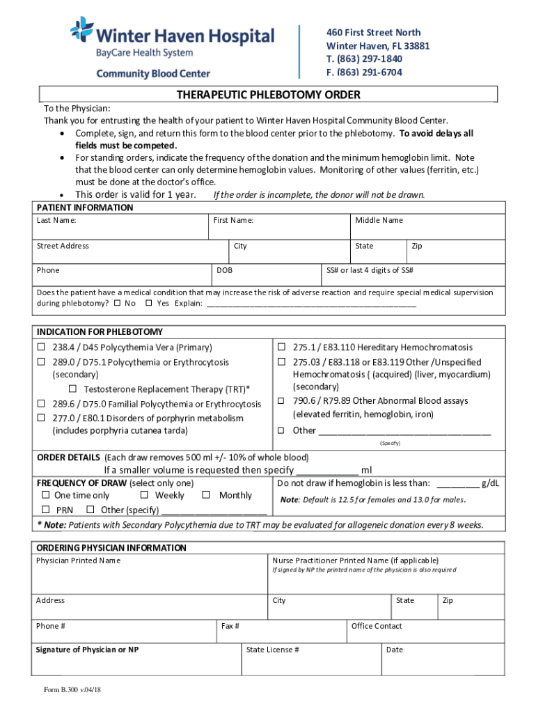 Fillable Online Therapeutic Phlebotomy Prescription Record Fax Email ...
