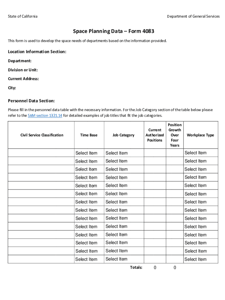Fillable Online Space Planning Data - Form 4083 Fax Email Print - pdfFiller