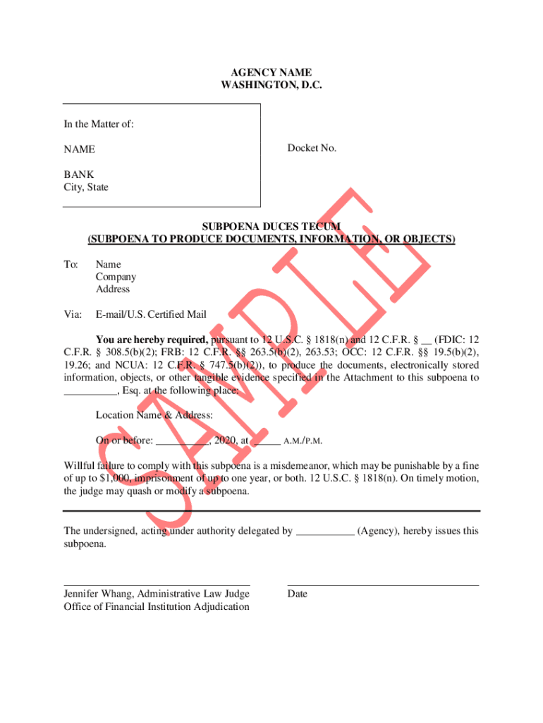 Fillable Online Sample Subpoena to Produce Documents, Information, or ...