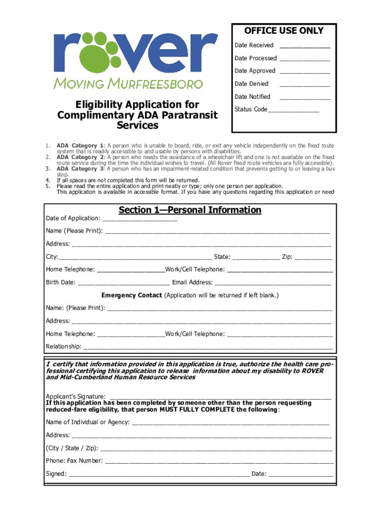 Fillable Online Eligibility Application for Complimentary ADA ...