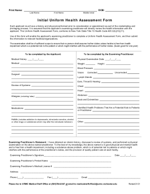 Fillable Online Initial Uniform Health Assessment Form030121 Fax Email ...