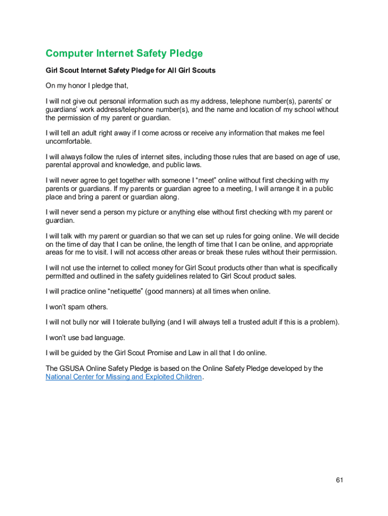 Fillable Online Computer Internet Safety Pledge - Girl Scouts of ...