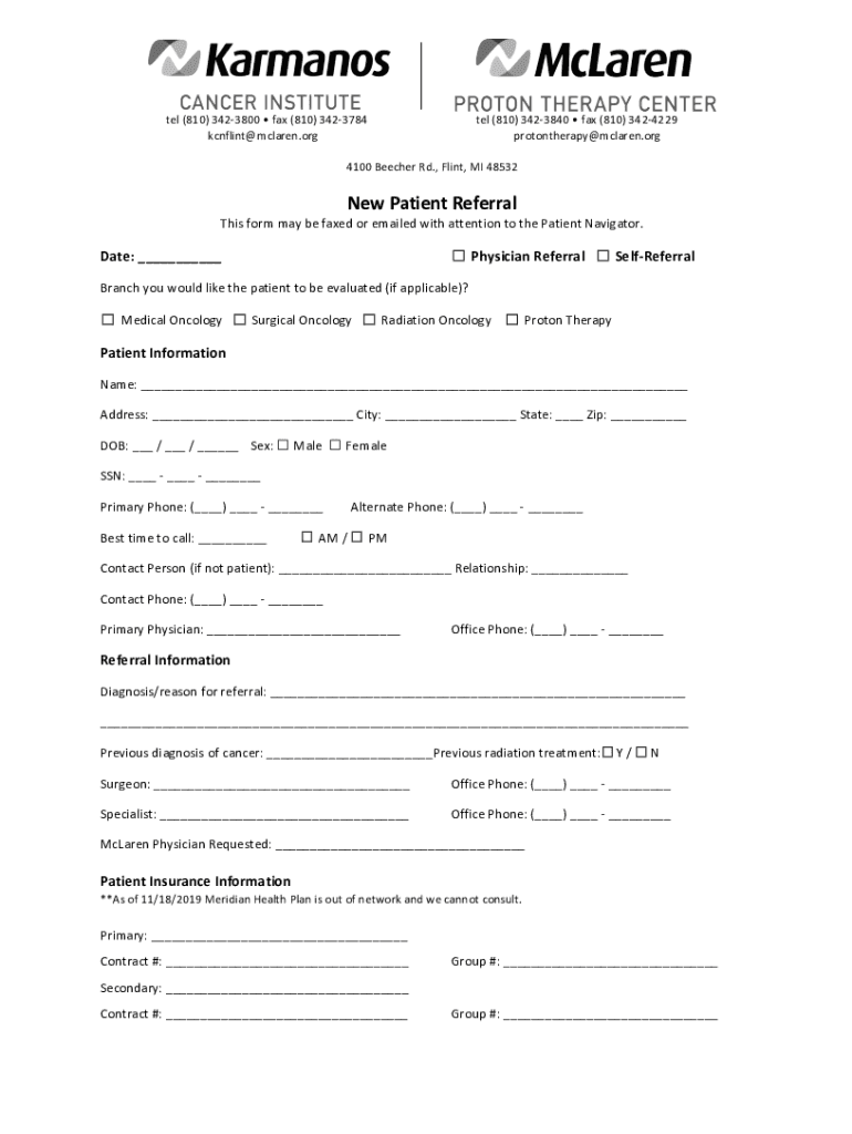 Fillable Online New Referral Form Draft 3 - McLaren Health Care Fax Email Print - pdfFiller