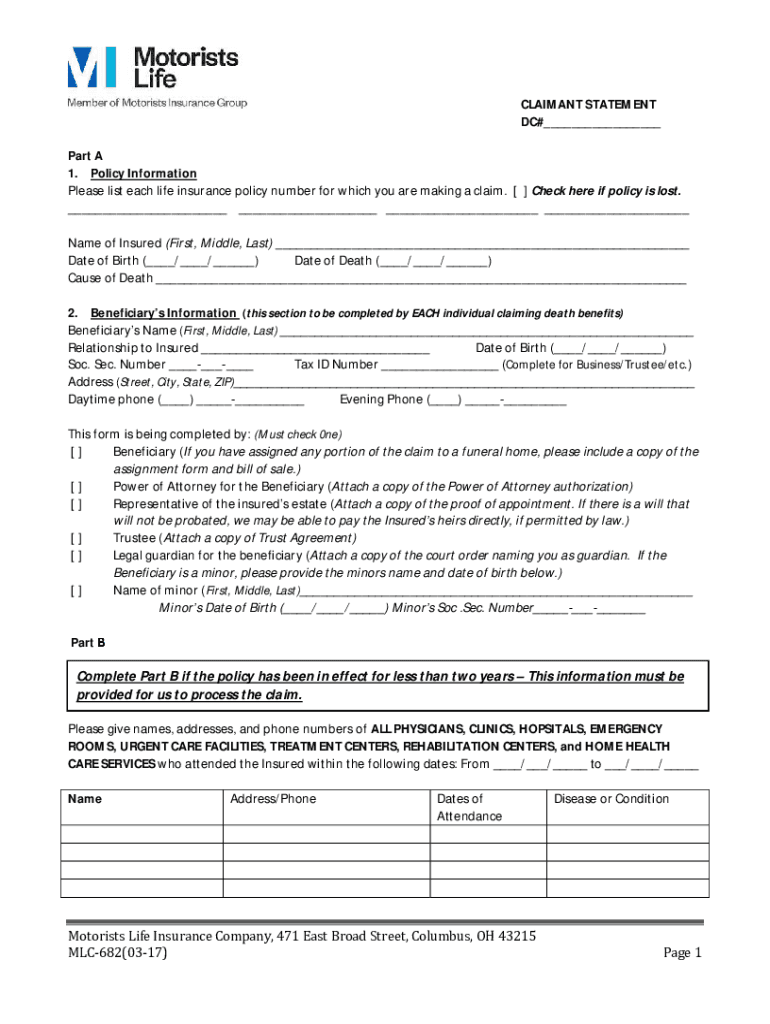 Fillable Online Claimants Statement Please read instructions on page 2 ...
