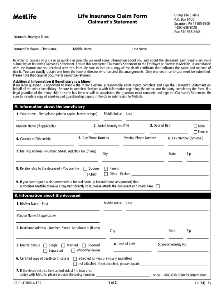 Fillable Online We at Metropolitan Life Insurance Company (MetLife) are ...