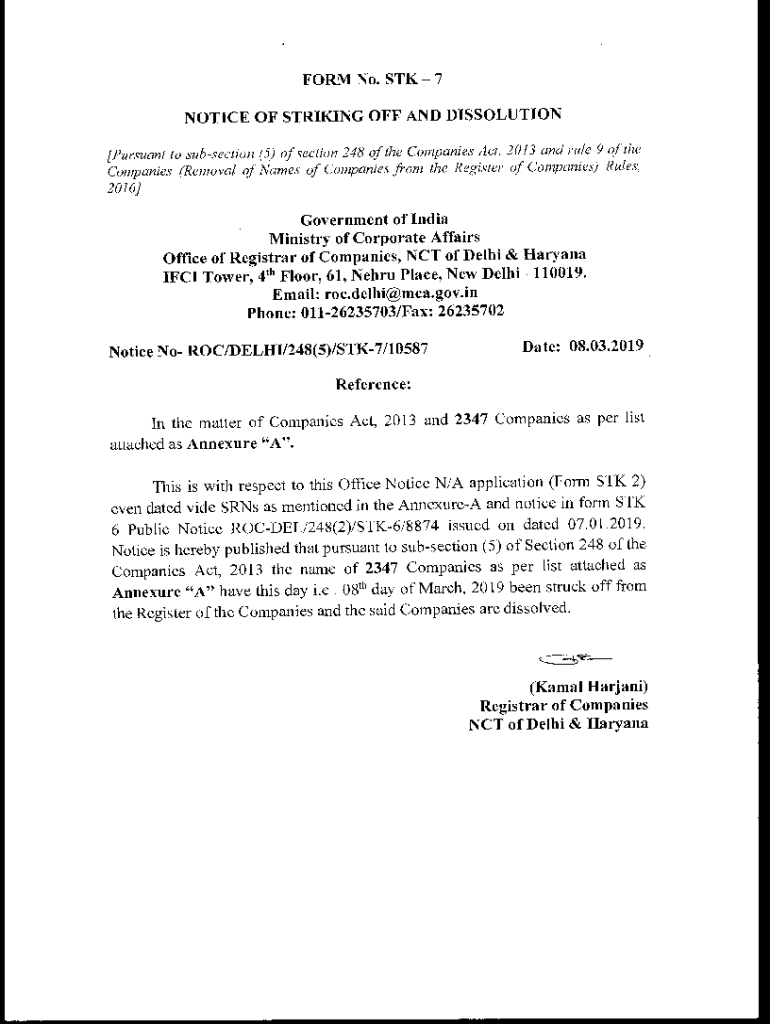 Fillable Online FORM No. STK7 NOTICE OF STRIKING OFF AND DISSOLUTION ...