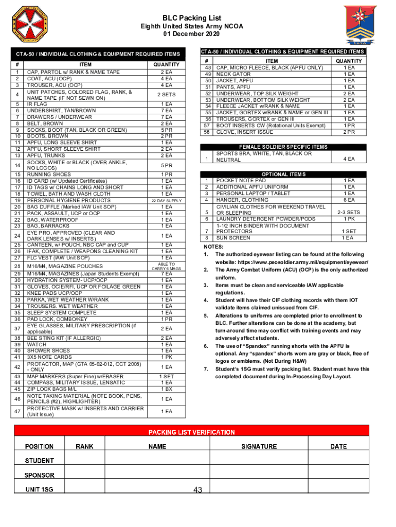 Blc Packing List - Fill Online, Printable, Fillable, Blank | pdfFiller