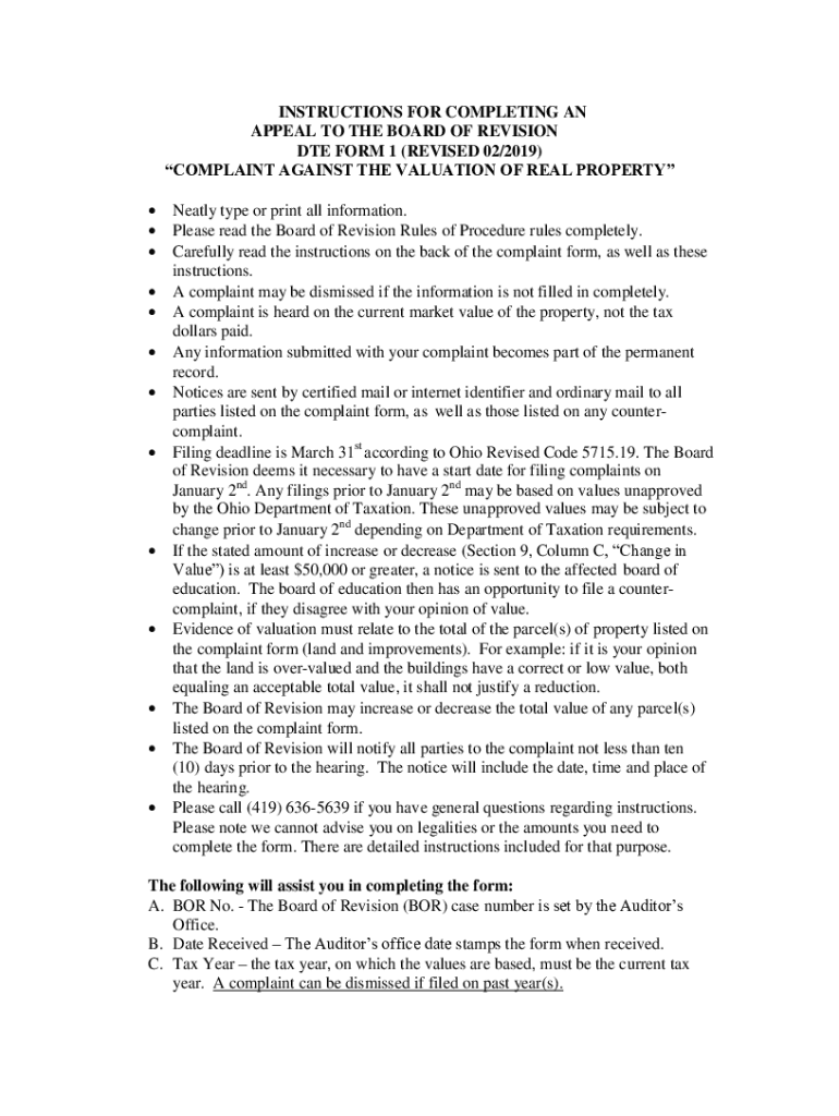 Fillable Online INSTRUCTIONS FOR COMPLETING AN APPEAL TO THE BOARD OF ...