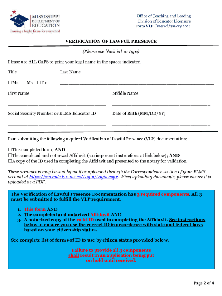 Fillable Online VERIFICATION OF LAWFUL PRESENCE Mississippi Department of ... Fax Email Print ...