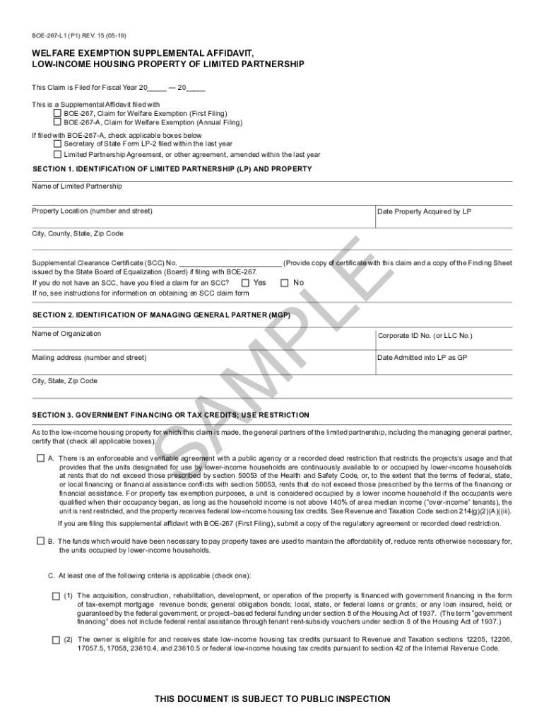 Fillable Online boe ca Welfare Exemption Supplemental Affidavit ...