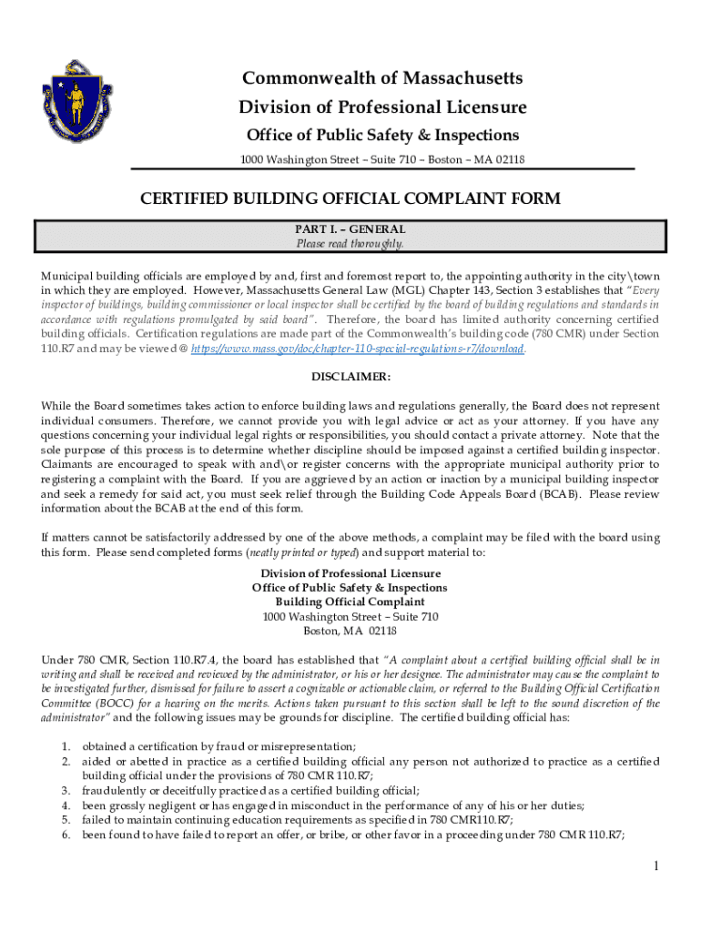 Fillable Online Open file for Building Official Complaint Form Fax ...